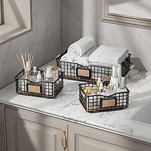 Qcold Bathroom Organizers and Storage, 3 Pack Storage Baskets for Shelves, Multipurpose Closet Storage Bins with Wooden Handle, Decor Organizer Basket Set for Bathroom, Laundry, Living Room - Black