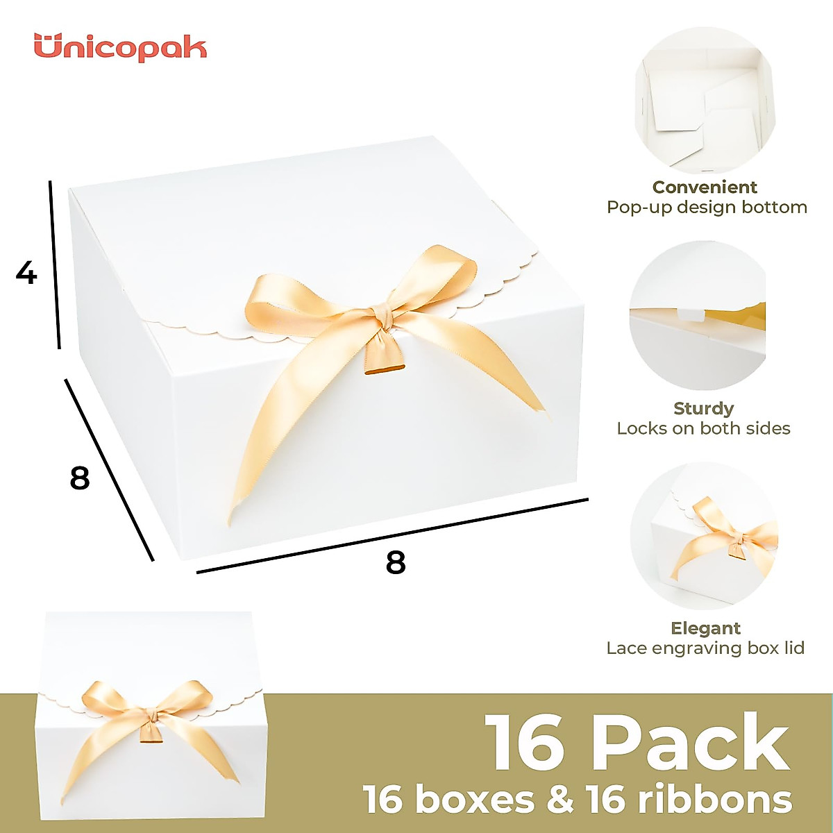 UnicoPak 16 Pack Gift Boxes 8x8x4 White Gift Boxes with Lids for Presents Cardboard Paper White Gift Box Bulk for Gifts Birthday Wedding Party Bridesmaid Proposal Box Christmas