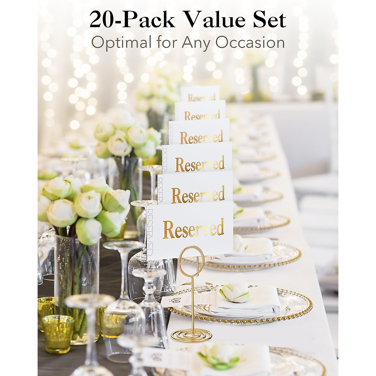 ElegaAura 20 Pack Reserved Table Signs - Gold Foil Reserved Seating Signs with Name Tag Line, Double Sided Table Place Cards for Wedding Chairs, Church Pews, Party, Restaurant, Tent Cards for Reserving Event Reception Seats & Places, 4x6 in Folded