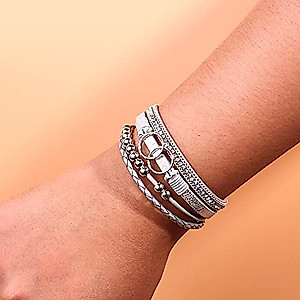FANCY SHINY Boho Wrap Bracelets Leather Cuff Bangle Gold Beaded Bracelets for Women Stackable Infinity Bracelets Jewelry with Clasp(Silver)