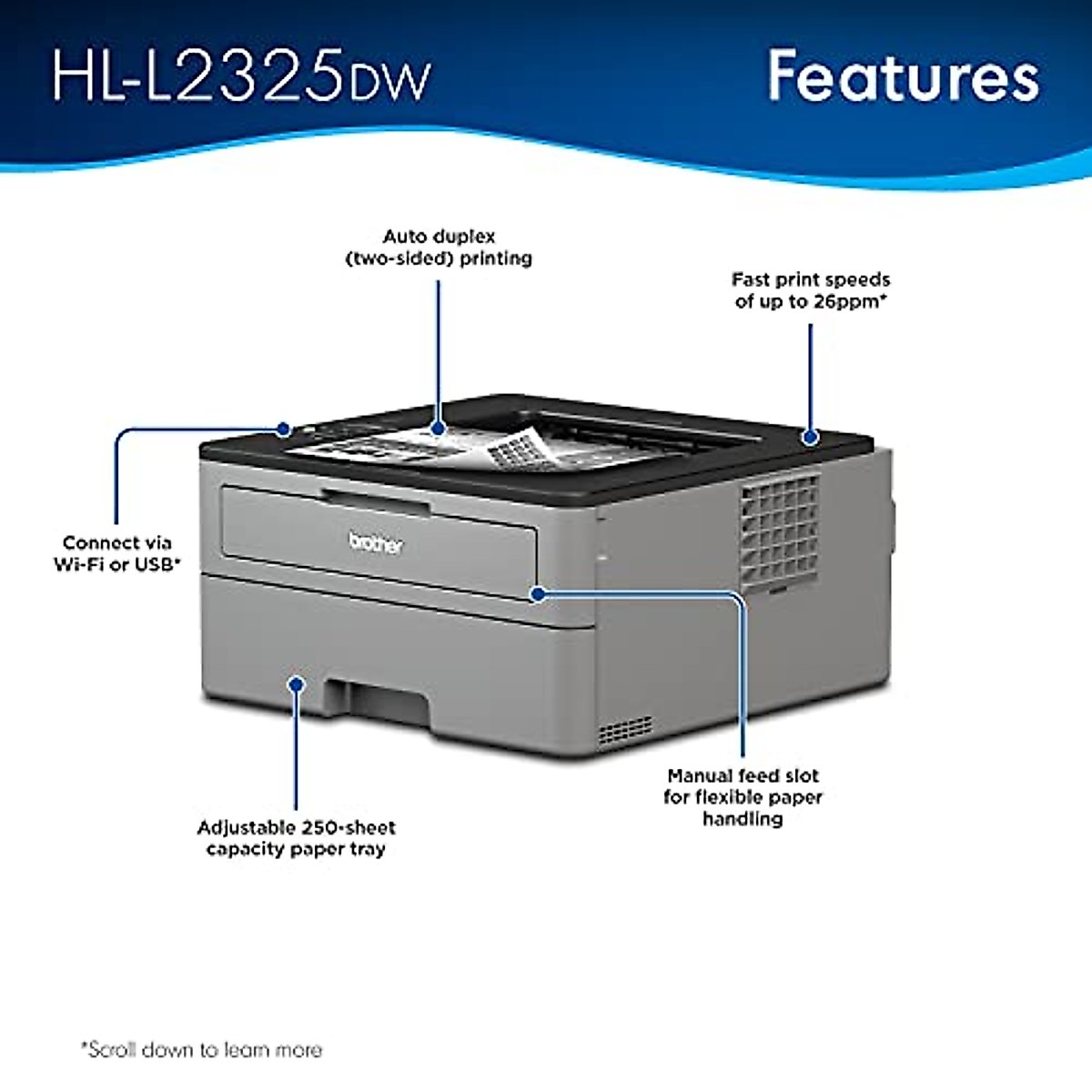 Brother HL-23 25DW Series Wireless Compact Monochrome Laser Printer - Mobile Printing - Auto Duplex Printing - USB Connectivity - Up to 26 Pages/min - 250 Sheets/tray - 1-line LCD Display + HDMI Cable