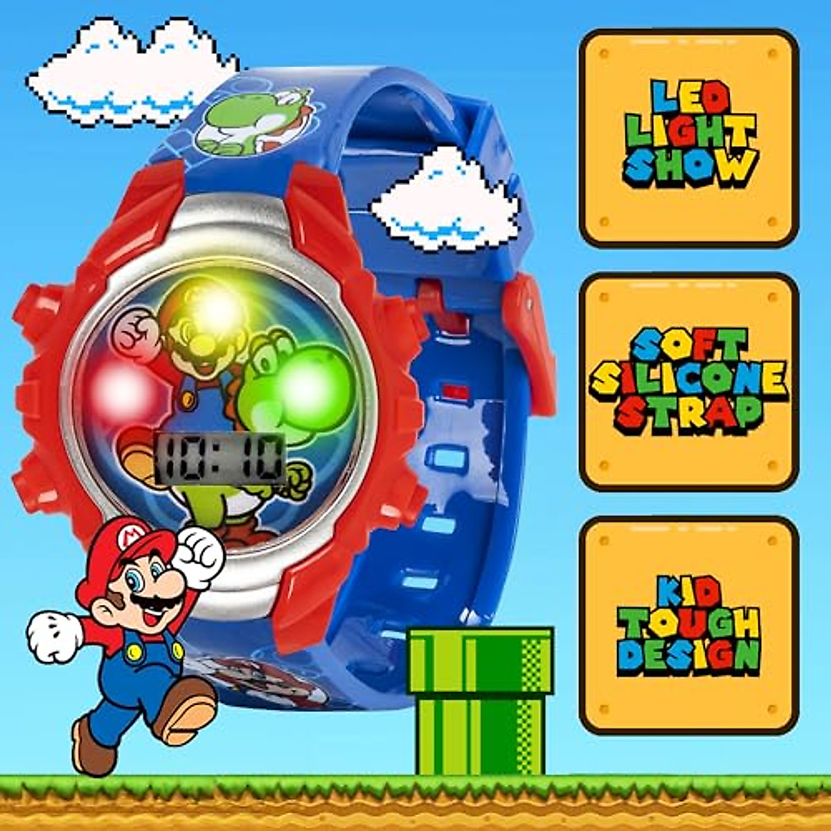 Accutime Super Mario Kids Digital Watch with Yoshi, LED Light Show, Soft Silicone Strap, Durable Kid-Friendly Design, Fun Time-Telling for Boys and Girls