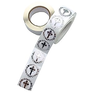SUPIA 2 Pack 500-Piece Total 1000 Christian Cross Sticker Roll, Design Round Labels with Gold Foil Finish Christening, Communion, Occassions, Envelope Seals, 1 inch/2.5 cm in Dia (Silver), (DF-136)