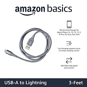 Amazon Basics USB-A to Lightning Charger Cable, Nylon Braided Cord, MFi Certified for Apple iPhone 14 13 12 11 X Xs Pro, Pro Max, Plus, iPad, 10,000 Bend Lifespan, 3 Foot, Dark Gray