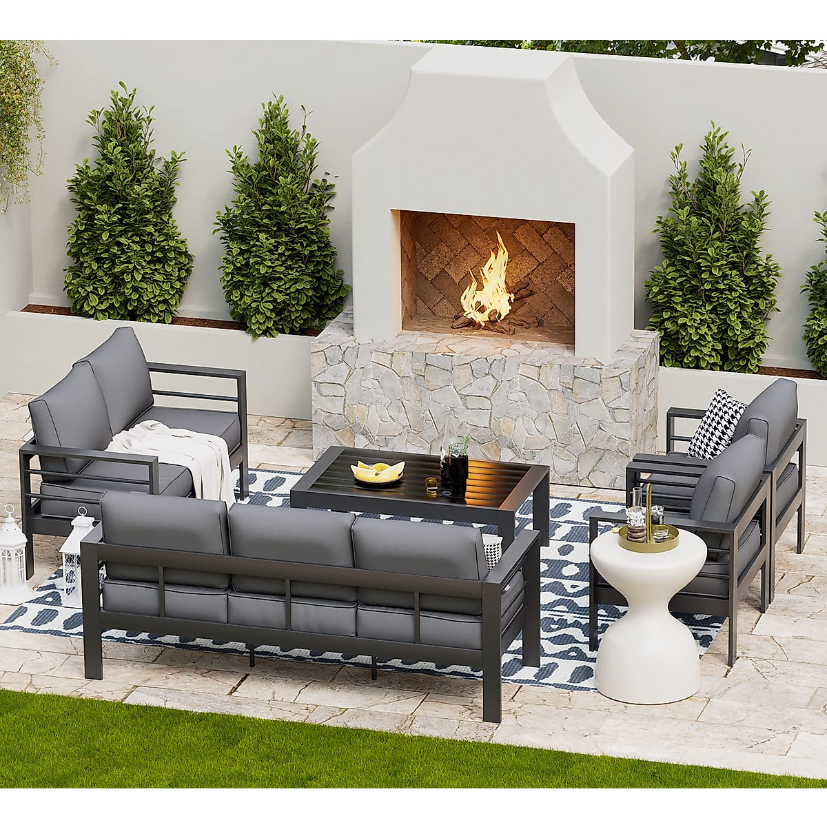 UDPATIO Oversized Aluminum Patio Furniture Set, Modern Metal Outdoor Patio Conversation Sets, Patio Sectional Sofa Set w/ 5 Inch Cushion Coffee Table for Poolside, Deck (Include 4 Sofa Covers)