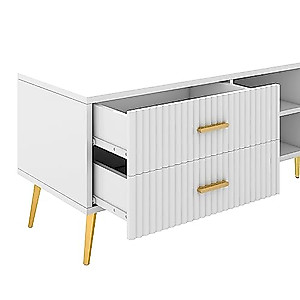 LUMISOL Mid-Century Modern TV Stand for 75+" TV, Entertainment Center with Cabinets and Drawers, Wood TV Console Table with Open Shelves and Gold Legs for Living Room, Bedroom