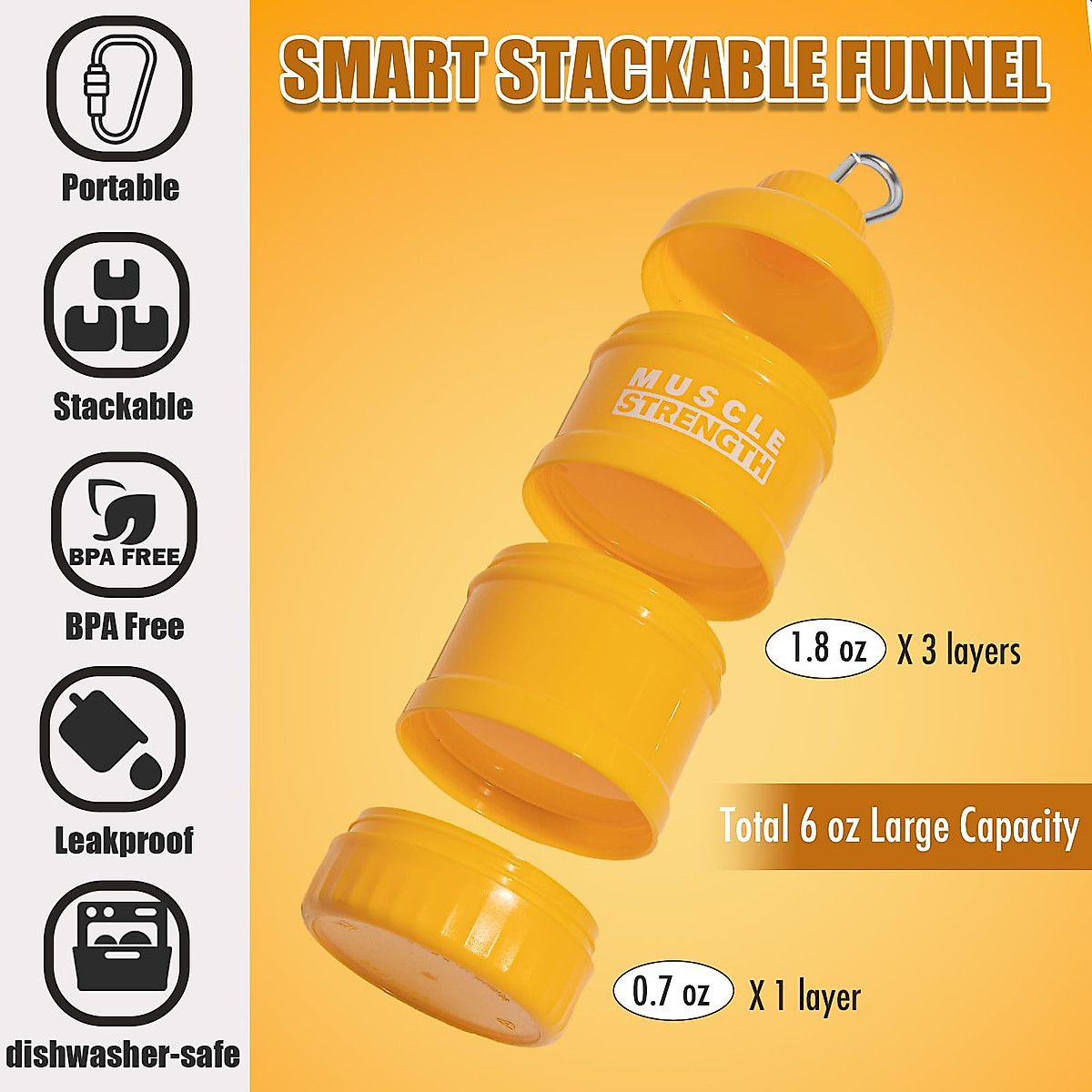 Stackable Protein Powder Travel Container with Carabiners & Funnels, Portable Protein Powder Container to Go, Protein Powder Funnel Set, Travel Protein Powder Containers for Fitness, Travel (YELLOW)