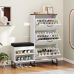 YITAHOME Farmhouse Shoe Cabinet with 3 Flip Drawers for Entryway, Shoe Storage Cabinet with Shoe Bench, Narrow Slim Shoe Rack Organizer for Entrance, Living Room, Hallway, White
