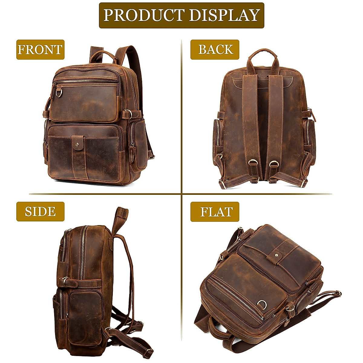 PAHVRION Men's Vintage Leather Backpack Casual Daypack Fits 15.6 Inch Laptop Brown Travel Rucksack Business Work Hiking Daypack
