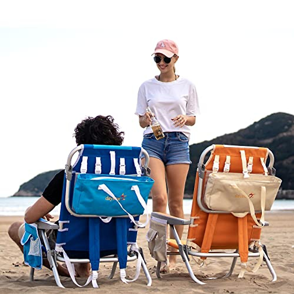 SUNNYFEEL Low Beach Chair 5 Position Lay Flat, Portable Folding Backpack Beach Chairs Heavy Duty with Cooler Bag, Cup Holder for Outdoor/Lawn/Trip/Picnic/Fishing, Foldable Camping Chair (New Blue)
