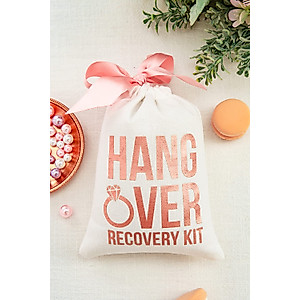 MEJOY 10pcs Wedding Party Favor Bags,Rose Gold Foil Gift Bags,HANGOVER Bags, Hangover Kit Bags for Bridal Shower Bachelorette Recovery Kit Bags Cotton Muslin Drawstring Bag (ROSE RING, 5"x7")
