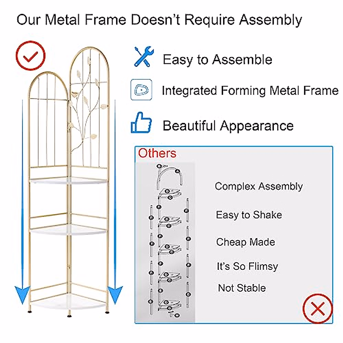 GOLASON Gold Corner Shelf with Storage, 3-Tier Tall Corner Bookshelf, Distinctive Plant Stand Flower Rack, Free Standing Display Shelving Unit for Living Room Kitchen Balcony (Gold and White)