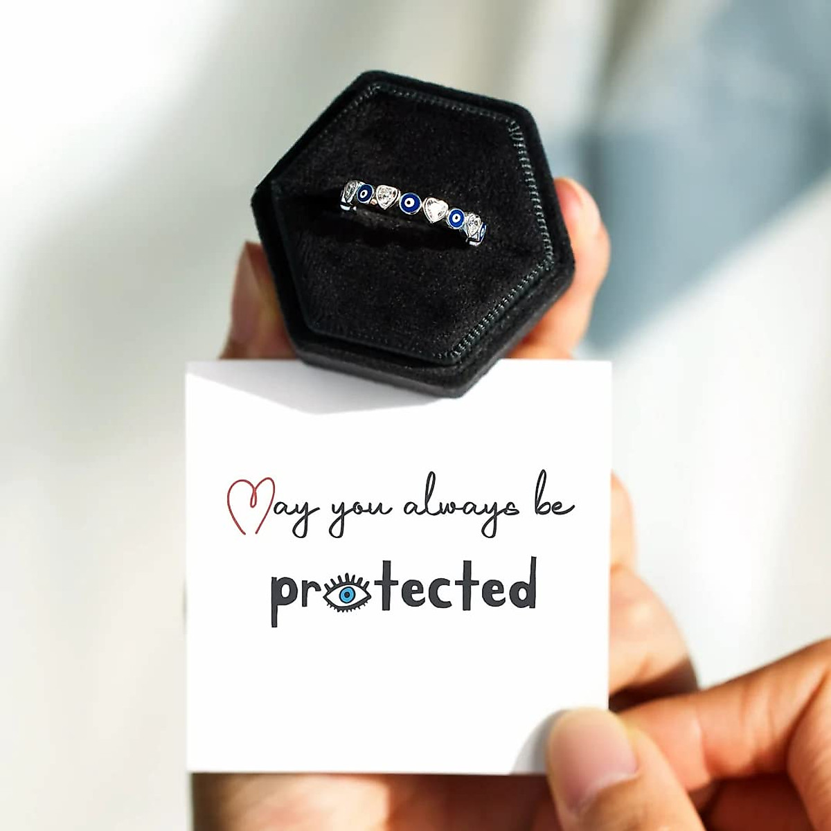 Koufeil Always Protected Heart&Evil Eye Ring Band, 925 Sterling Silver Evil Eye Rings for Women, Minimalist Blue Evil Eyes Ring Lucky Jewelry Gifts (8)