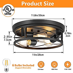 Feanron Flush Mount Ceiling Light Fixture, Black 3-Light Hallway Light Fixtures Ceiling, Light Fixtures Ceiling Mount for Farmhouse, Kitchen, Living Room (2 Pack, A19 LED Bulbs Included)