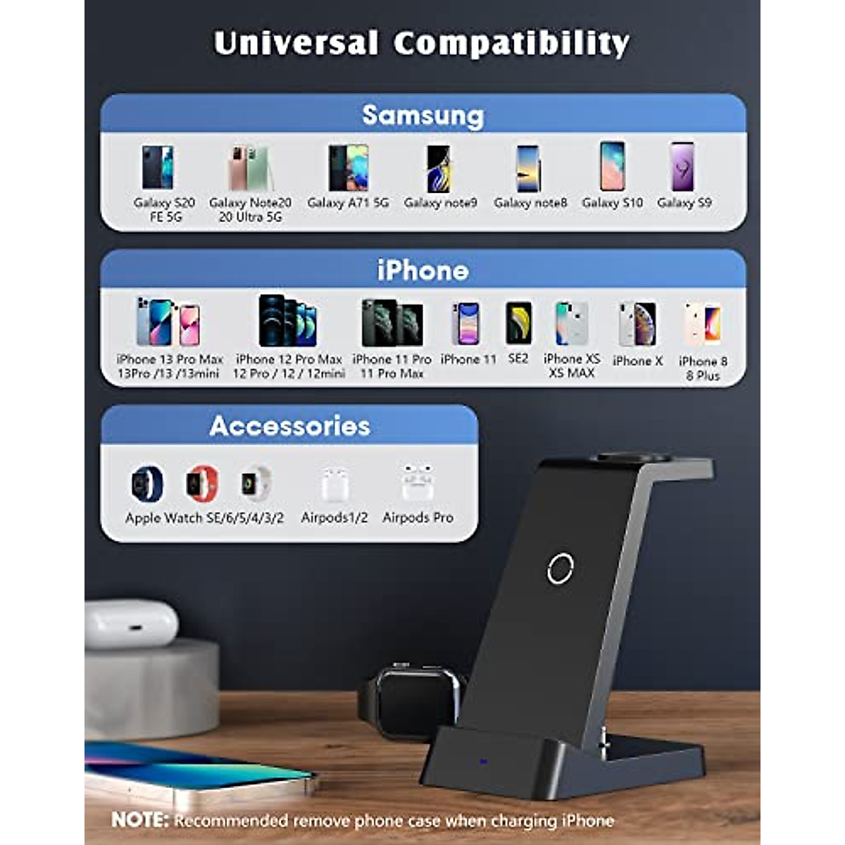 Wireless Charging Station,Wireless Charger Compatible with iPhone 14 Pro Max/13/12/11/X/8 Plus, 3 in 1 Fast Charging Stand Dock for Airpods 1/2/Pro, Apple Watch Series(with Adapter)