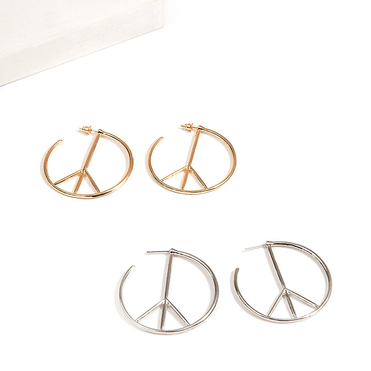 JinYu Peace Sign Symbol Geometric Stud Earrings Jewelry Minimalist Big Round Hoop Statement Earrings for Women (Gold)