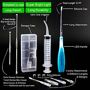 Airgoesin Upgraded 2 Lighted Tonsil Stone Remove Tool Tonsillolith Pick + Irrigation Clean Syringe Fresh Breath Oral Rinse