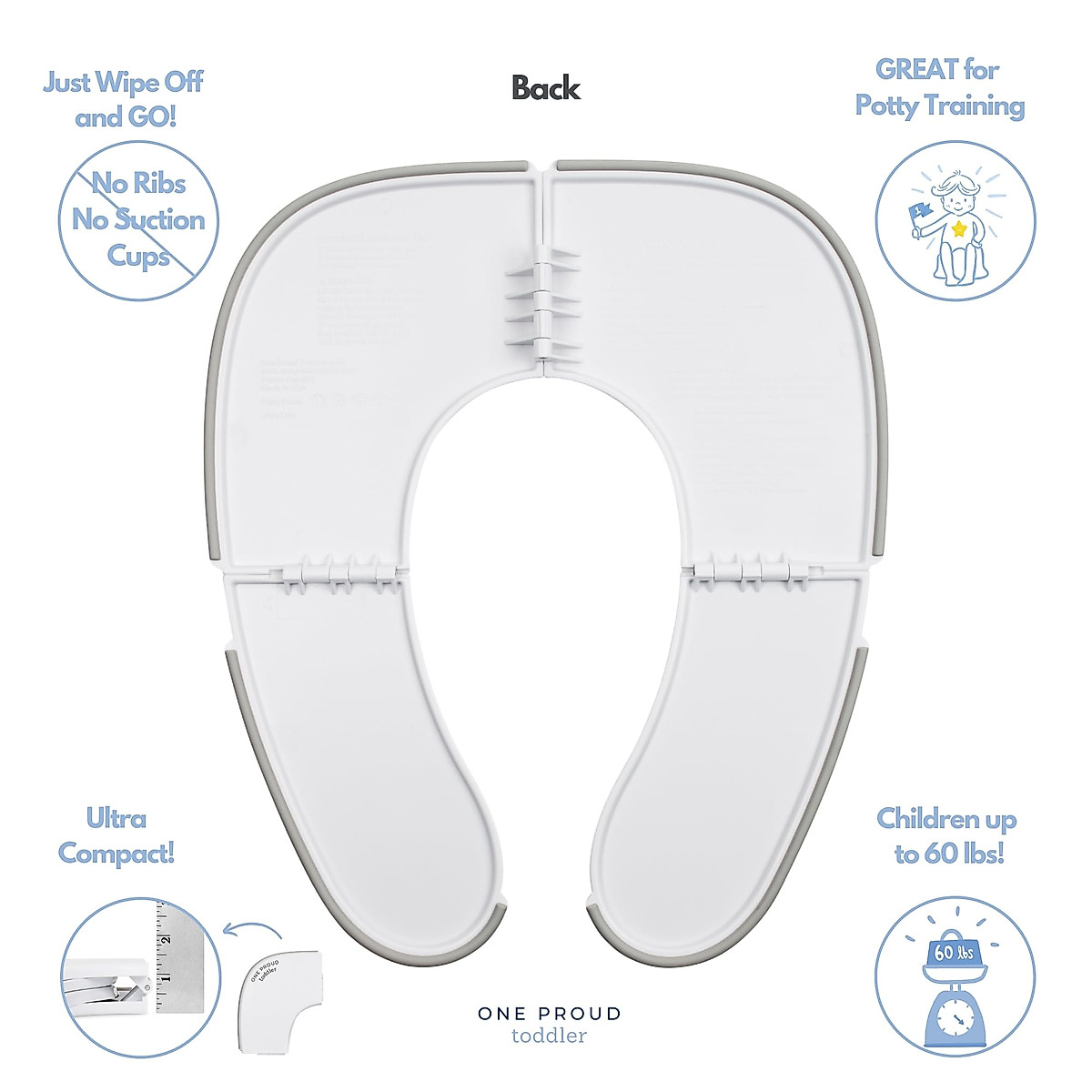 One Proud Toddler Travel Potty Seat, Ultra Compact, Ultra Non-Slip, Seat Made in USA, No-Pinch Locking Hinges, Easy to Clean, Included Carry Bag