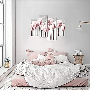 Floral Canvas Wall Art,Canvas Print Pink Tulips for Wall Decor, Framed and Stretched 4 Panels Elegant Flowers Canvas Prints (01 Pink Tulip)