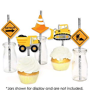 Big Dot of Happiness Dig It - Construction Party Zone - Paper Straw Decor - Baby Shower or Birthday Party Striped Decorative Straws - Set of 24