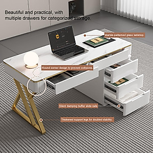 Dongge Wooden Computer Office Desk with Drawers for Home Office - White Gaming Desk with Tempered Glass Top - Thickened Lacquered PC Desk and Writing Desk - Escritorios para Computadoras (Z-105)