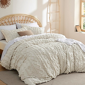 Bedsure Boho Duvet Cover Queen - Tufted Duvet Cover Queen Size for All Seasons, 3 Pieces Soft Shabby Chic Embroidery Boho Bedding Duvet Cover for Gifts (Beige, Queen, 90x90)