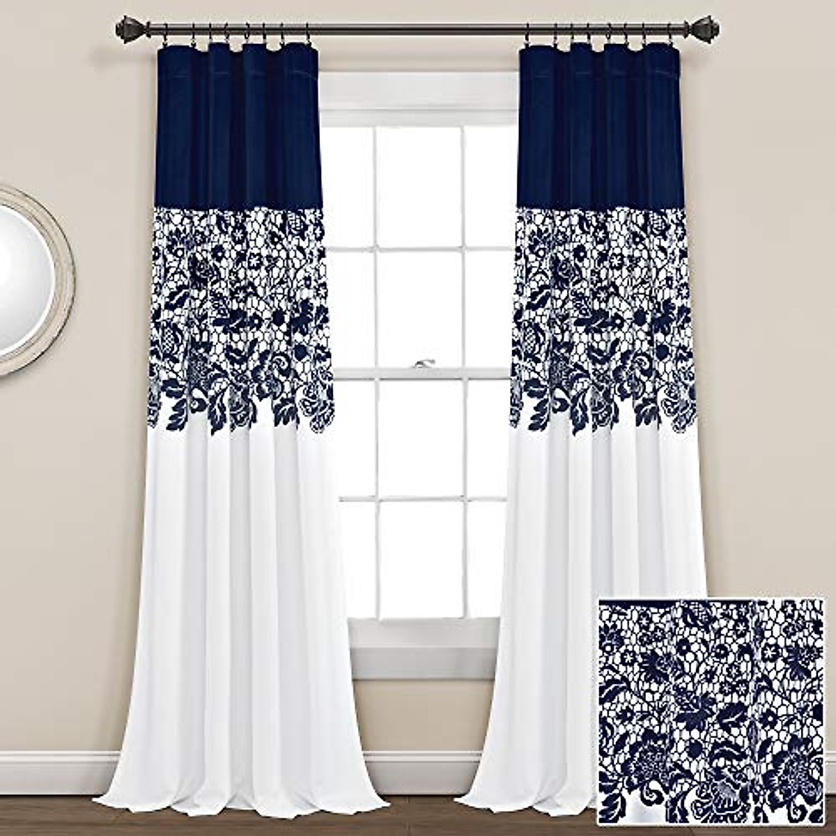 Lush Decor Lush DÉCOR Navy Estate Garden Print Curtains Room Darkening Window Panel Set for Living, Dining, Bedroom (Pair), 84” Long x 52” Wide