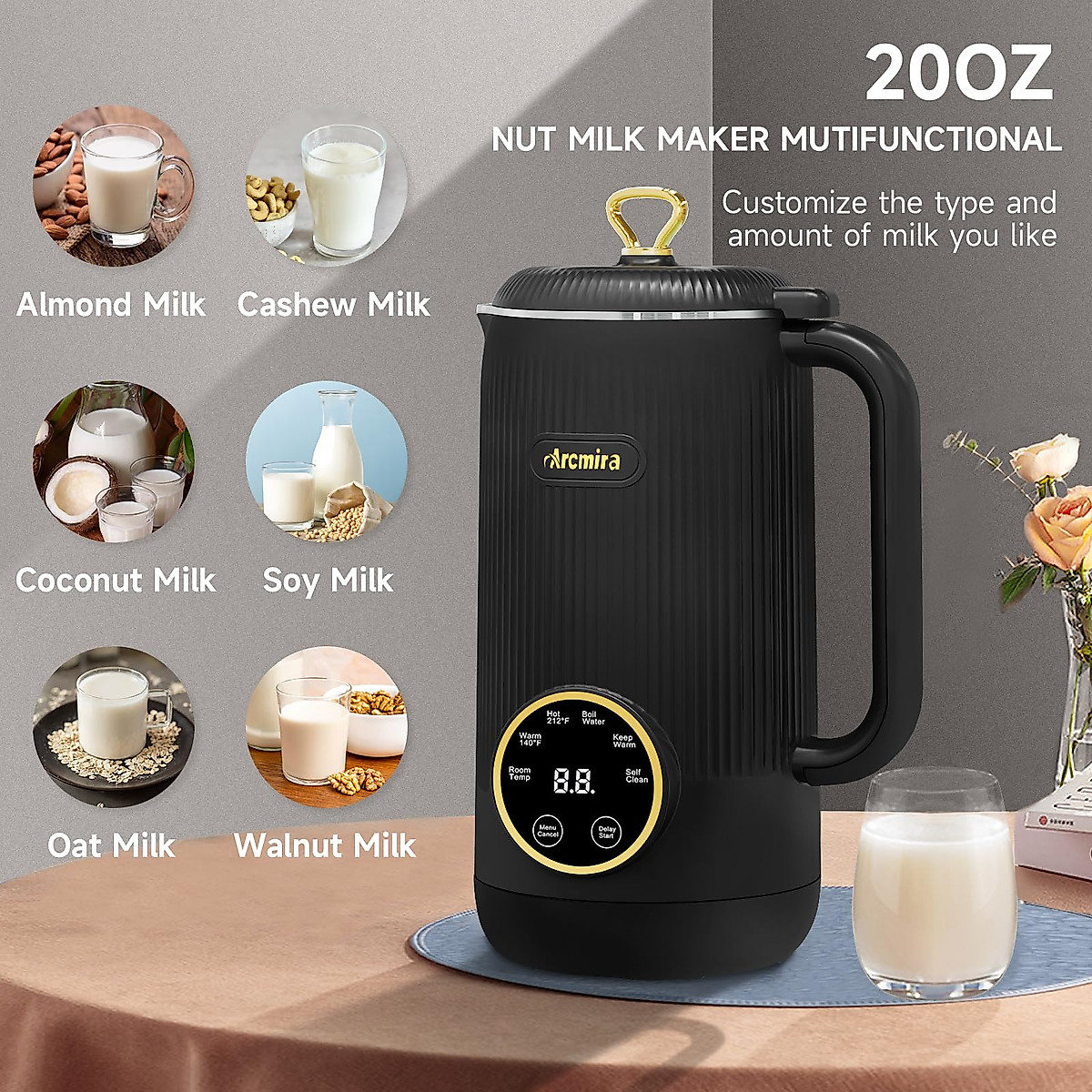 Arcmira Nut Milk Maker, 20 oz(600ml) Homemade Almond, Oat, Soy, Plant-Based Milk and Non-Dairy Beverages, Almond Milk Maker with Delay Start/Keep Warm/Boil Water, Soy Milk Maker with Nut Milk Bag