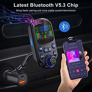 Bluetooth 5.3 FM Transmitter for Car- SOARUN Bluetooth Car Adapter PD30W & USB Port Fast Charge - HiFi Treble & Bass Player - 1.6" Display Hands-Free Calling - Car Radio with AUX Input/Output, TF Card