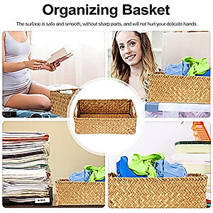 Housoutil 1pc Water Hyacinth Storage Baskets, Woven Basket with Carrying Handles, Decorative Rectangular Wicker Basket Storage Box for Nursery, Living Room, Bathroom 11.8x7.8x3.9in.