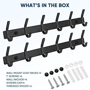 TICONN Wall Mounted Coat Rack - 6 Heavy Duty Dual Hooks All Metal Contemporary Coat Hanger for Jacket Coat Hat for Mudroom Entryway Bathroom (Black, 2PK)