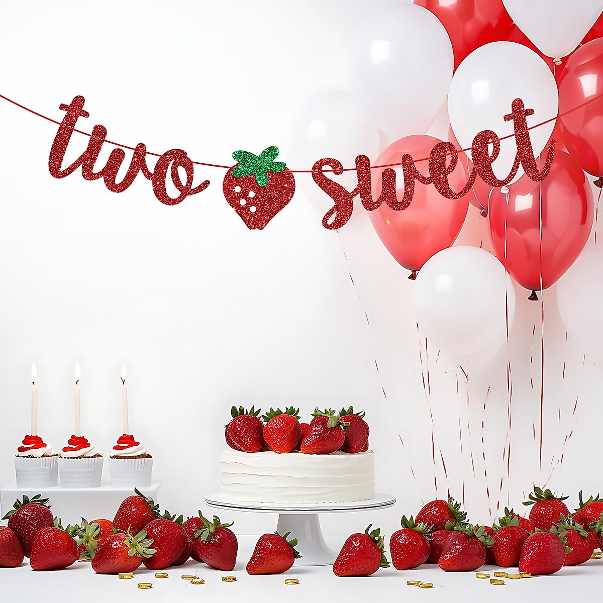 Strawberry Two Sweet Banner, Baby 2nd Birthday Banner, Strawberry Themed 2nd Birthday Baby Shower Party Decorations Red Glitter