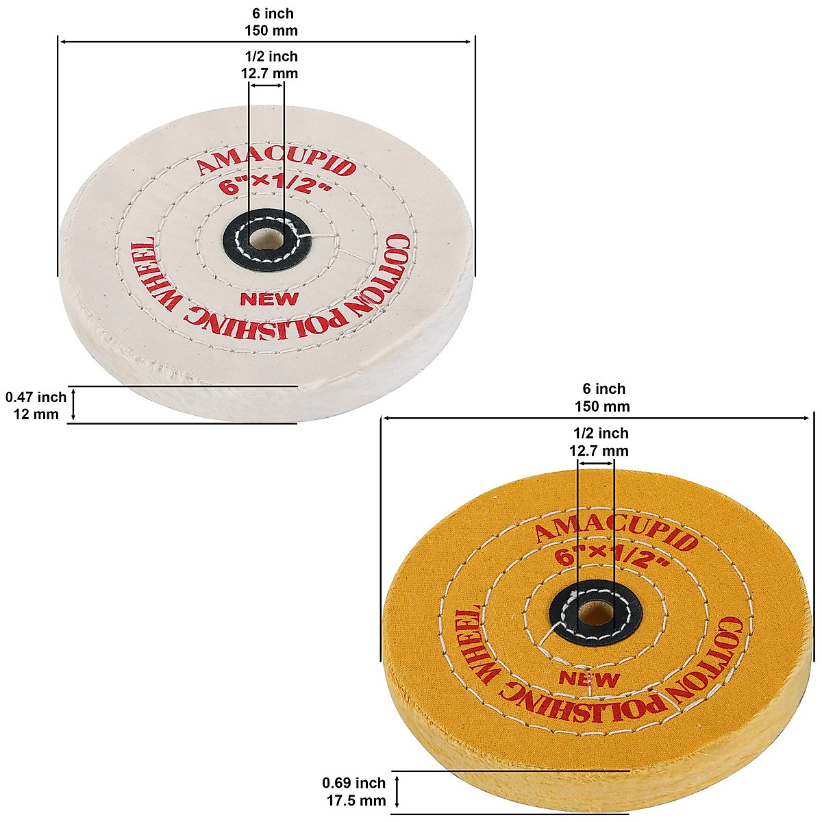 Amacupid Cotton Buffing Wheel 6 inch, for Bench Grinder/Bench Buffer. Polishing Jewelry, Glass, Tools, etc. 1/2" Arbor Hole. White Yellow 2 Pieces