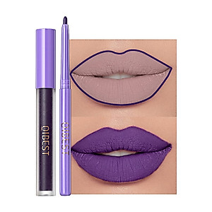 Easilydays 2 Pcs Halloween Dark Matte Liquid Lipstick + Lip Liner Pens Sets, 8 Colors High Pigmented Goth Sexy & Bold Lip Gloss, 24H Waterproof Long-lasting Matte Lipstick , Non-Stick Cup Velvety Lip Makeup for Women (Purple)