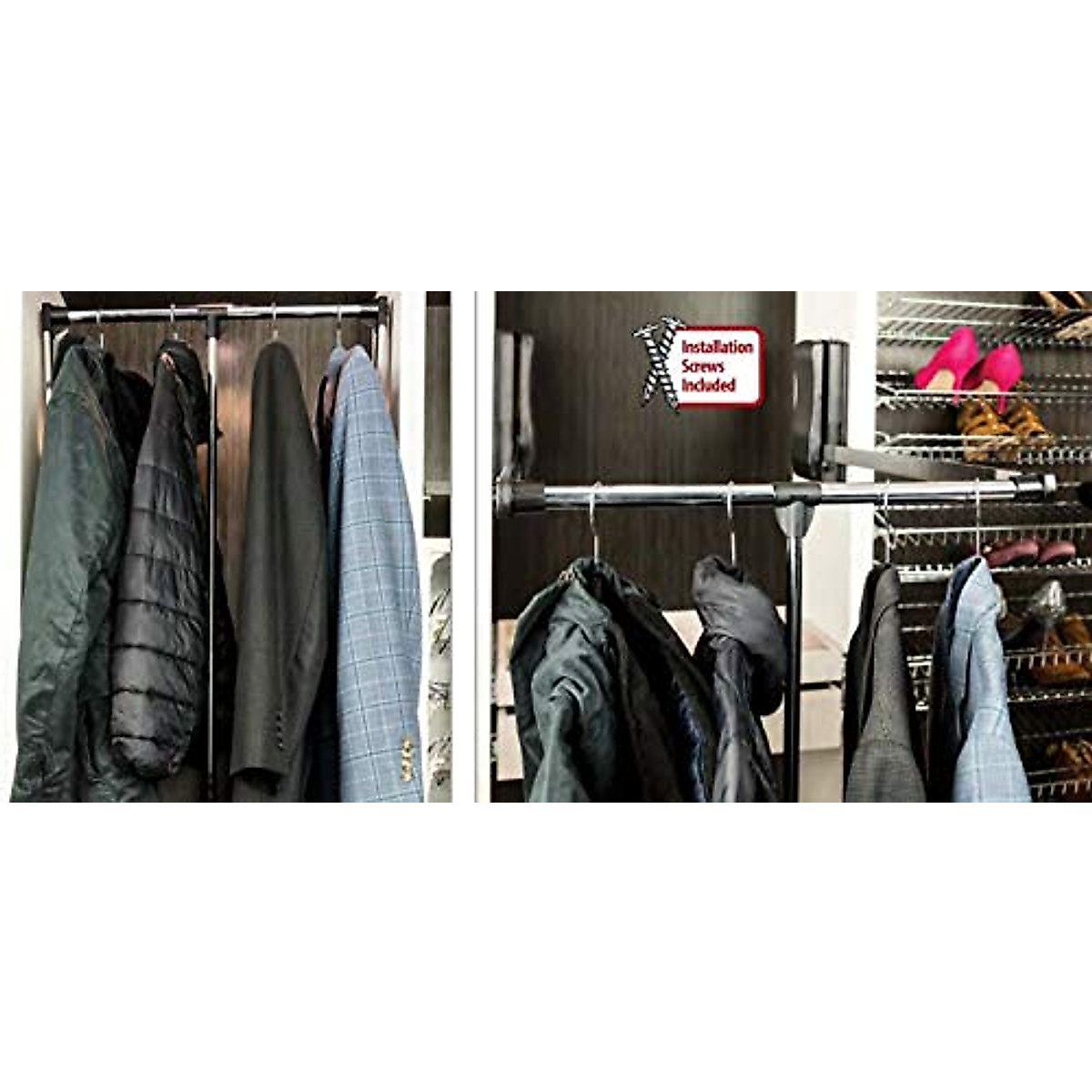 Wardrobe Lift Side-mount Chrome and Black Expanding Heavy duty steel Tubing with Black Plastic Housing, 45 lb Weight Rating (For 33” – 48” openings)