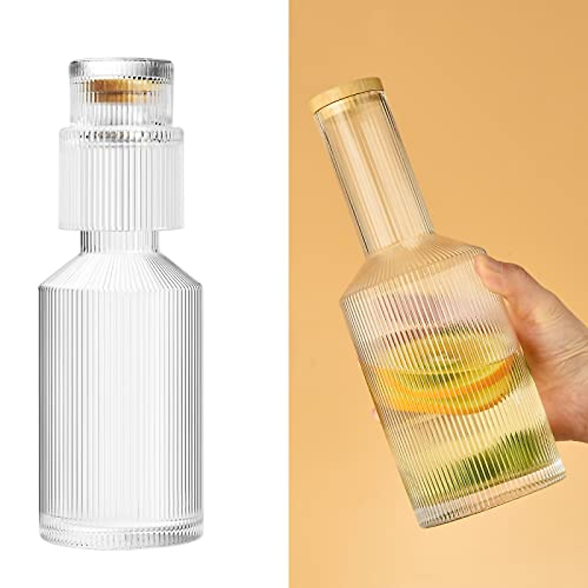 ALINK Glass Bedside Water Carafe with Lid and Glass Cups Set, Ribbed Carafe Glassware Drinking Glasses for Nightstand, 27oz Vintage Fluted Glassware Water Pitcher - Clear