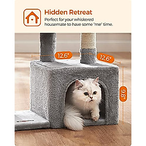 Feandrea Cat Tree, Small Cat Tower with Padded Perch, Cat Cave, 3 Pompoms, Cat Activity Center, Light Gray UPCT121W01