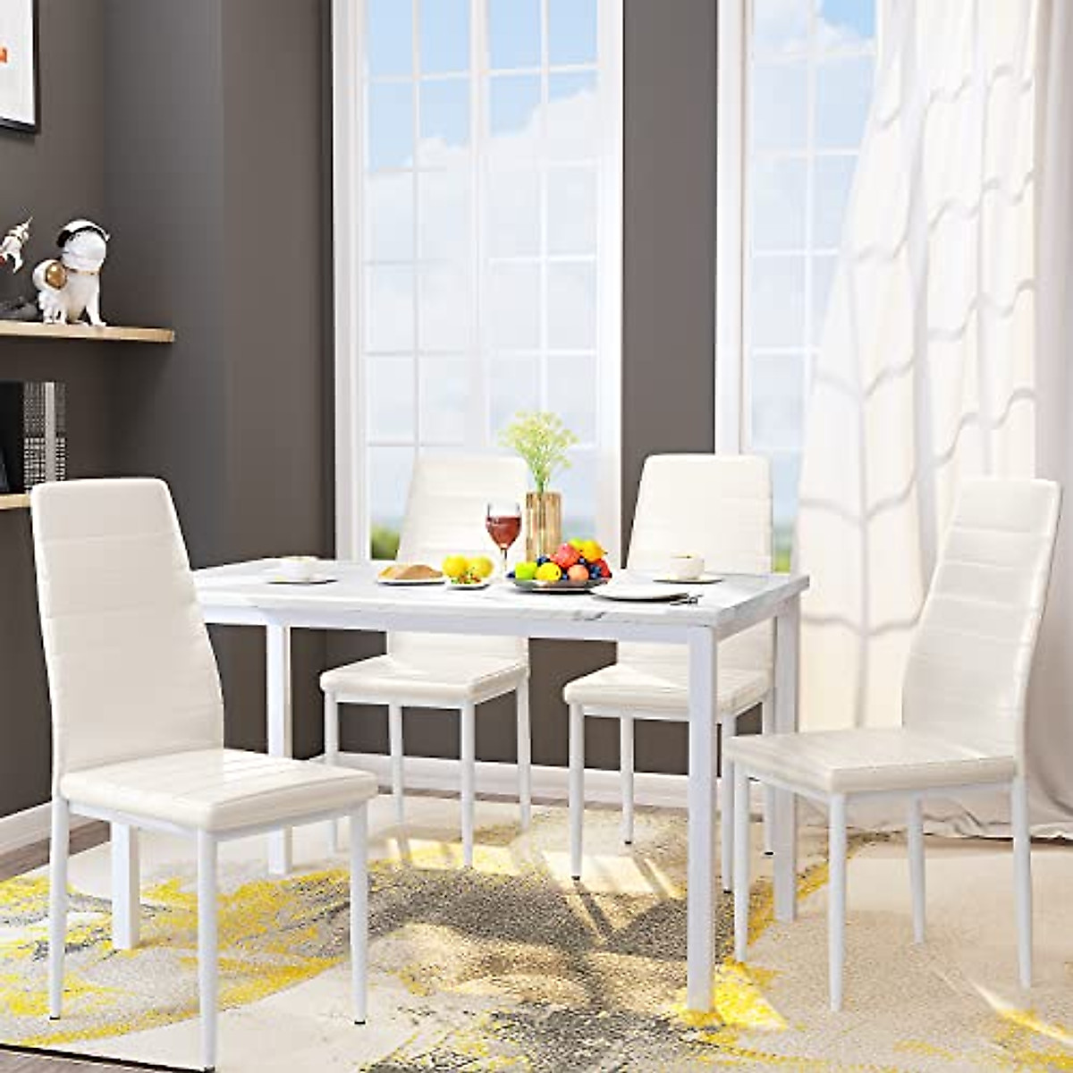 AWQM White Dining Table Set for 4,Faux Marble Kitchen Table and Chairs for 4 with Upholstered Leather Chairs,Dining Room Table Set for Kitchen,Small Spaces,Breakfast Nook,White+Beige