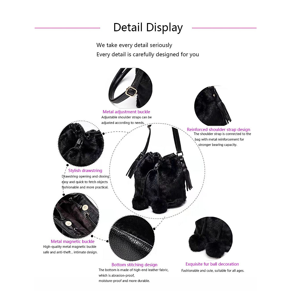 ENYIWH Women Leopard Print Faux Purse Fur Drawstring Bucket Bag Shoulder Crossbody Bag