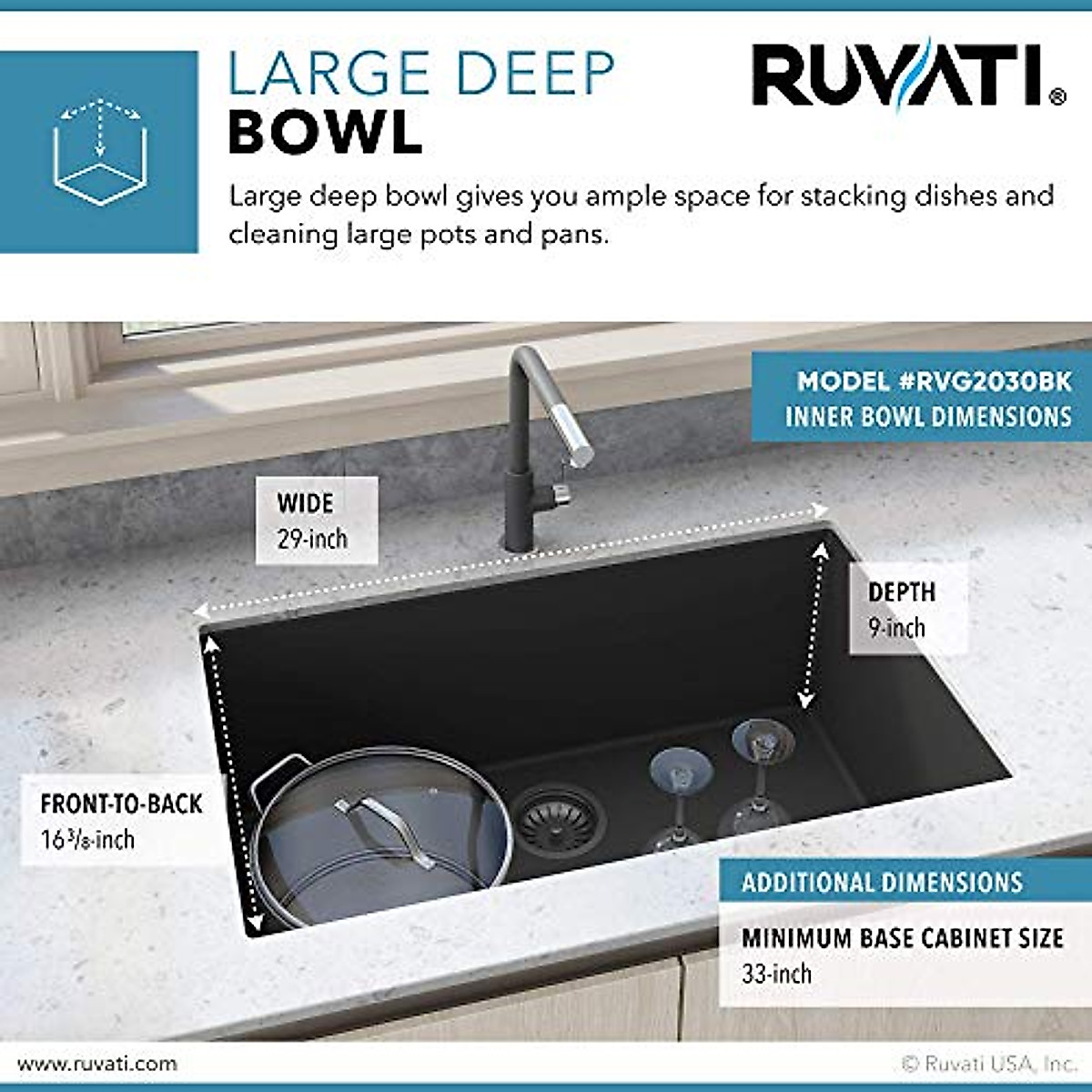 Ruvati 30 x 18 inch Granite Composite Undermount Single Bowl Kitchen Sink - Midnight Black - RVG2030BK