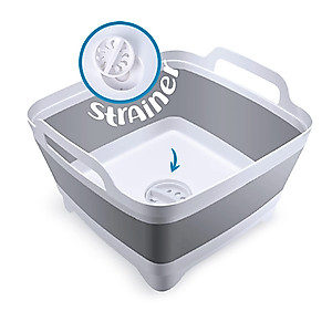 Home Spirit Collapsible Sink, Portable Dish Pan, Wash Basin Tub for Dish, Fruits, Vegetables, Textiles, Cloths, Beverages, Integrated Handle, Plug and Strainer, 9L Capacity