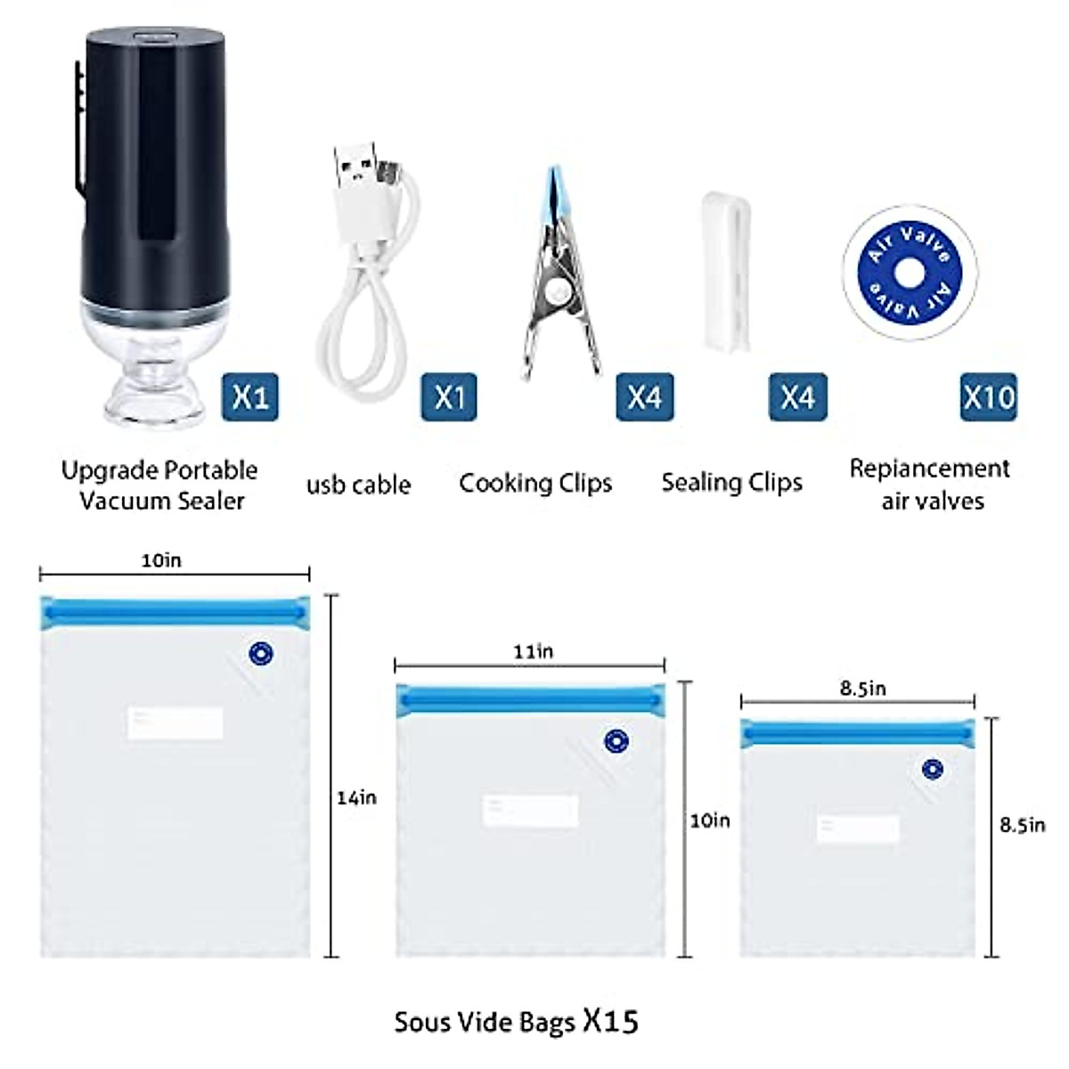 Vacuum Sealer Bags, 35PCS Food Saver Vacuum Sealer Machine Set for Sous Vide Cooking, Handheld Mini Vacuum Sealer with 15 PCS Reusable Sous Vide Bags, 4 Cooking Clips, 4 Sealing Clips & 10 Air Valves