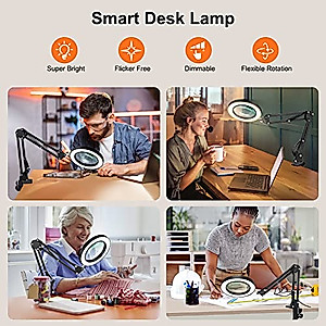 BRISON Magnifying Desk Lamp with Clamp, 3 Adjustable Light, 10 Brightness 8X Magnifier Lamps for Reading/Office/Soldering/Crafts, Swing Arms LED Desk Lamp with Sleep Timer Function