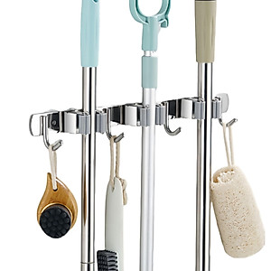 CasaVibe Wall mounted broom and mop holder, no-punch self-adhesive stainless steel heavy duty broom holder for kitchen, garden, laundry and garage (3 racks 4 hooks)