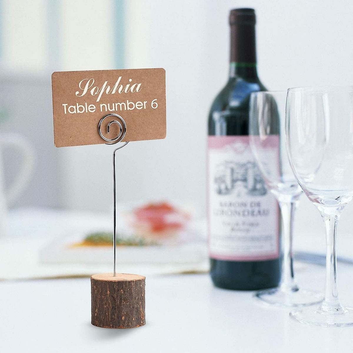 Wood Place Card Holders with Swirl Wire Table Number Stands and Photo Holders for Name Signs Card Holders for Weddings and Parties