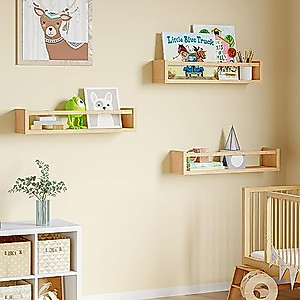 Fixwal Nursery Book Wall Shelves, 16.5 Inch Floating Bookshelves for Wall Set of 3, Baby Nursery Decor, Solid Wood Wall Mounted Shelves for Books, Toys and Decor Storage (Natural Wood)