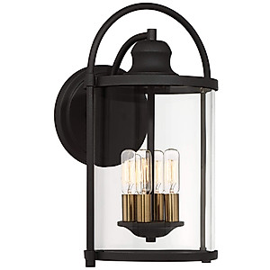 Avani Farmhouse Outdoor Wall Light Fixture Black Brass 17" Cylindrical Clear Glass Shade for Exterior House Porch Patio Outside Deck Garage Yard Front Door Garden Home Entryway - John Timberland