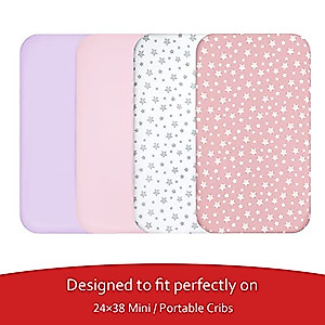 Mini Portable Crib Sheets 4 Pack for Girls (38" X 24"), Compatible with Dream on Me, Delta Porta Crib and Arms Reach Ideal Cosleeper, Pink