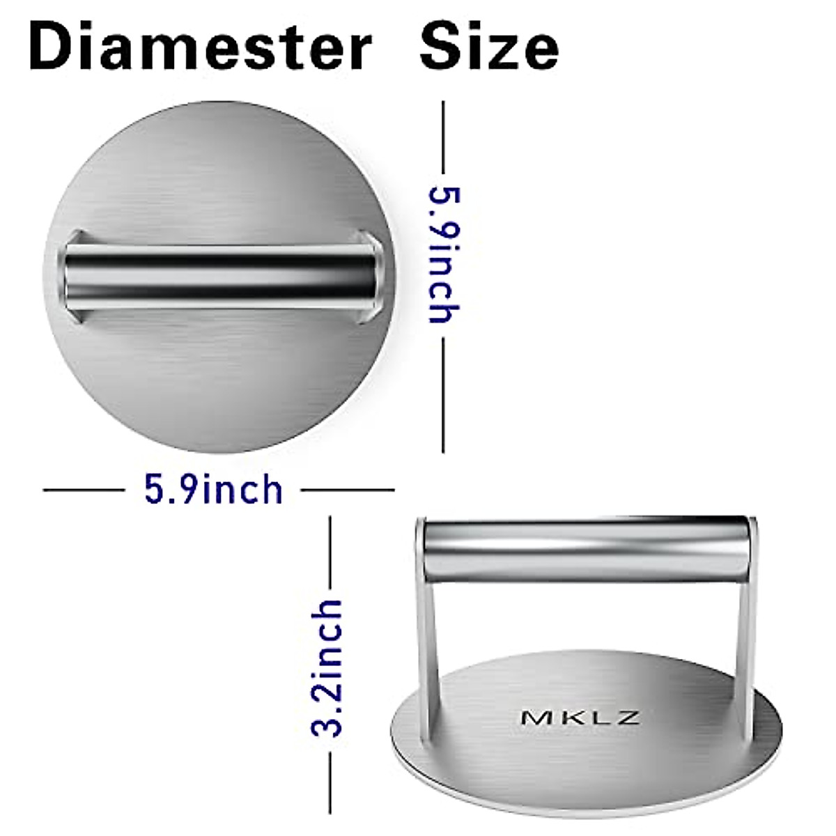 MKLZ Burger Smasher Stainless Steel Bacon Press, 5.9 Inches Round Heavy Duty Burger Smasher with Handle, Bacon Press Grill Press Perfect for Flat Top, Professional Griddle Grill Cooking