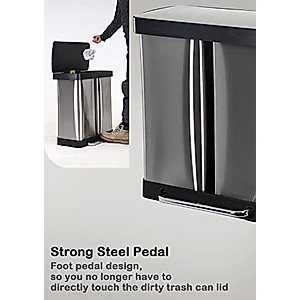 10 Gallon Dual Trash Can, Classified Recycling Bin for Kitchen Recycling and Trash, Double Compartment Trash Can Rubbish Bin with Lid, Plastic Inner Buckets, Stainless Steel, Soft-Close, Airtight